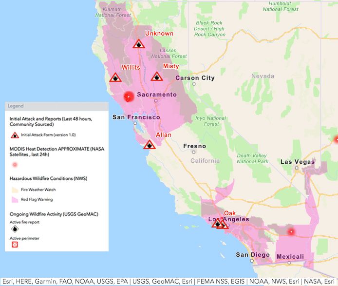 California Fire Map: Getty Fire, Kincade Fire, Tick Fire, Burris Fire ...