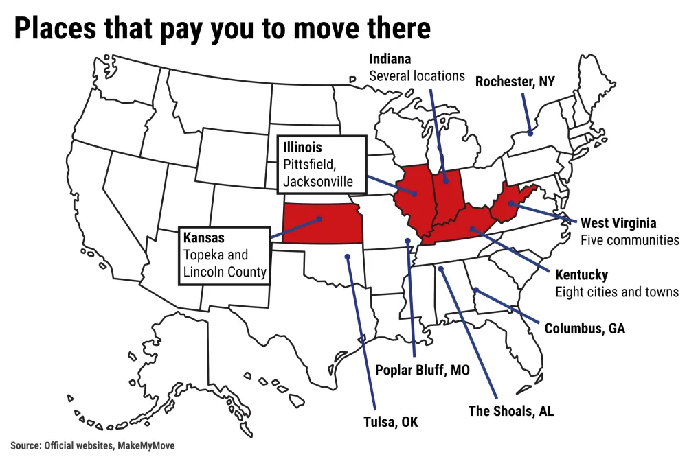 Map Shows Cities and States That Will Pay You To Move There - Newsweek