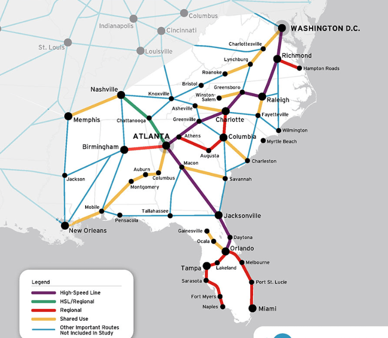 Map Shows Possible Southeast High-Speed Rail Route - Newsweek