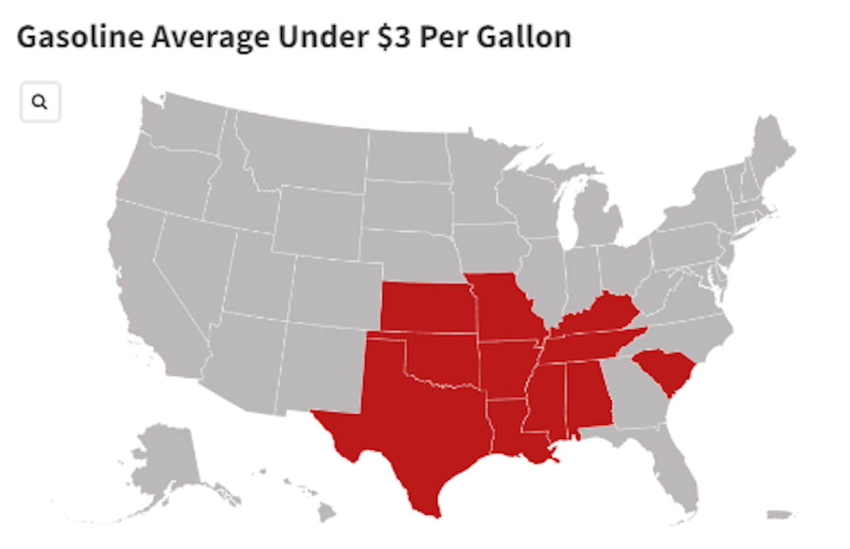 Map Shows States With Gasoline Average Under $3 Per Gallon - Newsweek