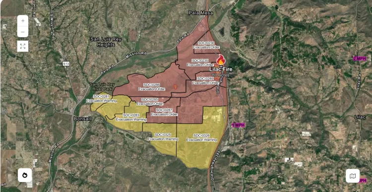 Lilac Fire Evacuation Map: San Diego County Residents Told to Leave ...