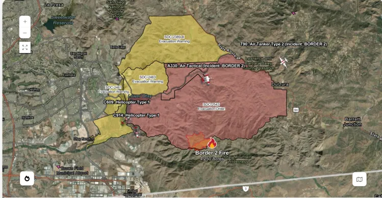 California Border Fire Map: Blaze Moving Toward Homeland Security ...