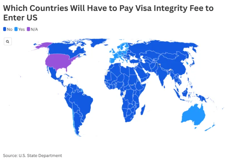 Map Shows Which Countries Will Have to Pay Visa Integrity Fee to Enter ...
