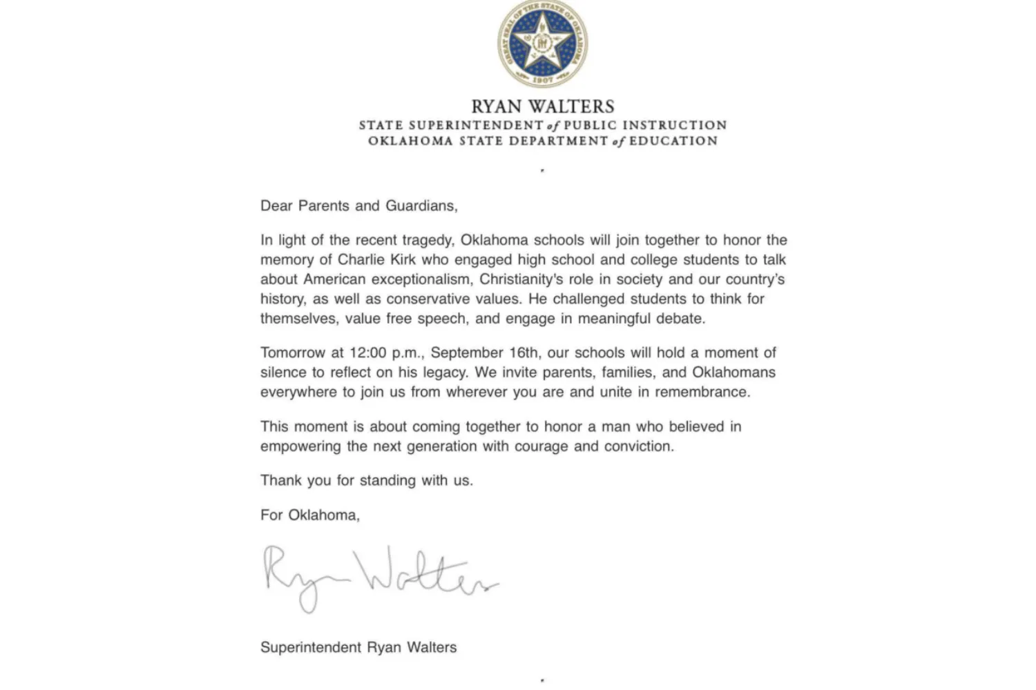 State Superintendent Told Schools To Mark Charlie Kirk’s Death—We Said ...