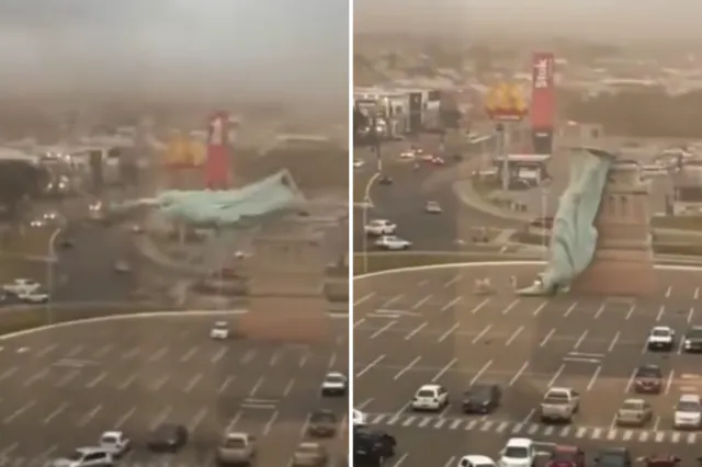 Watch Shocking Moment 115ft Statue of Liberty Replica Topples During ...