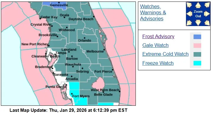 Florida Extreme Cold Watch Map as Residents Face Single-Digit Wind ...